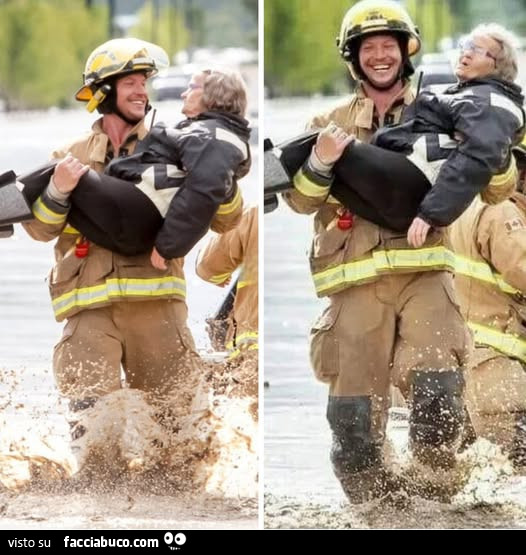 Mentre stava salvando un'anziana da un'alluvione, un pompiere ...
